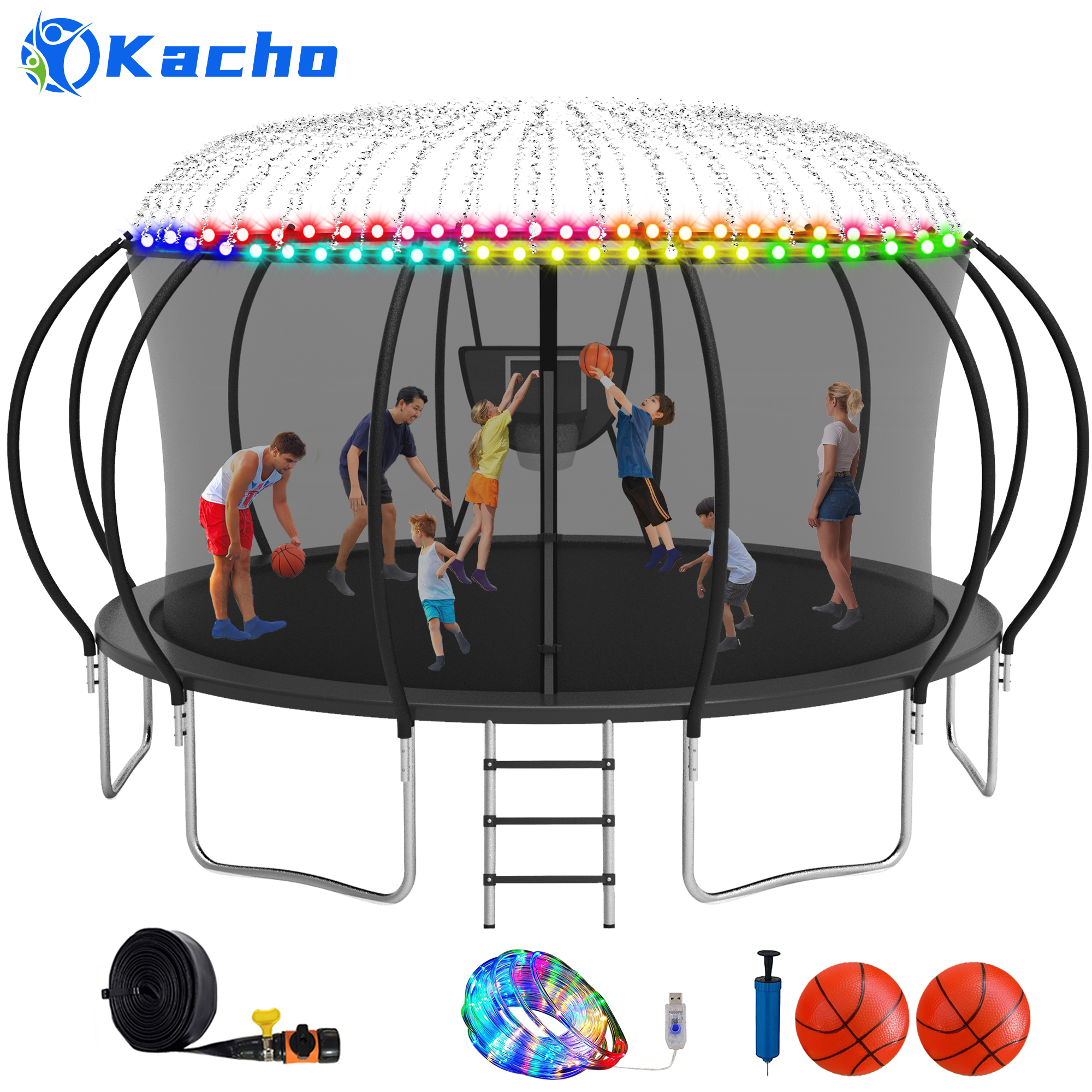 Kacho 16FT Orange Trampoline with Sprinkler and Light【Curved Poles ...