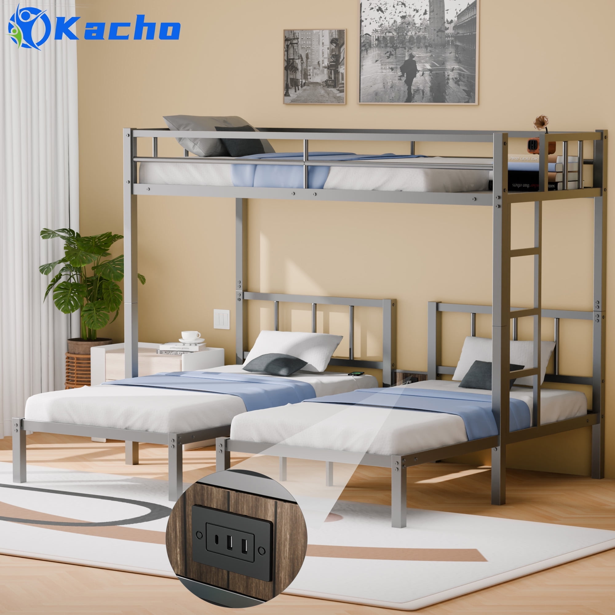 Kacho Triple Bunk Bed Twin Over Twin, Metal Twin 3 Bed Bunk Beds with Safety Guardrail & Ladder ...