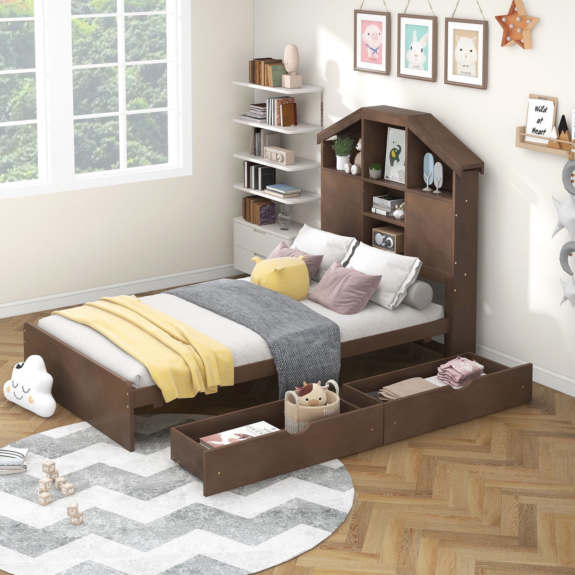 Kacho Twin Bed with Storage Drawers, Wood Platform Bed with Bookcase ...