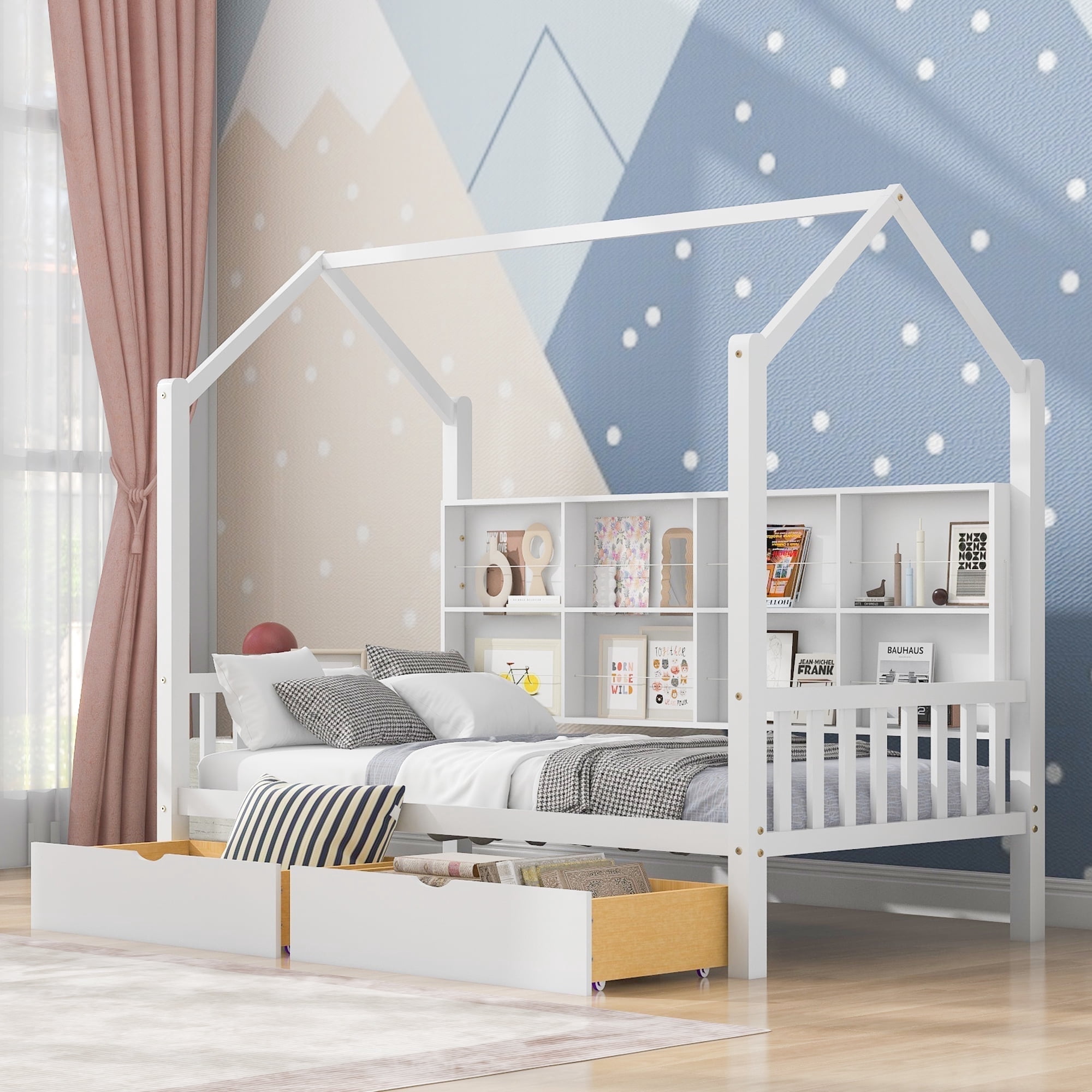Kacho Twin House Bed, Wooden Frame with 2 Drawers and Storage Shelf ...