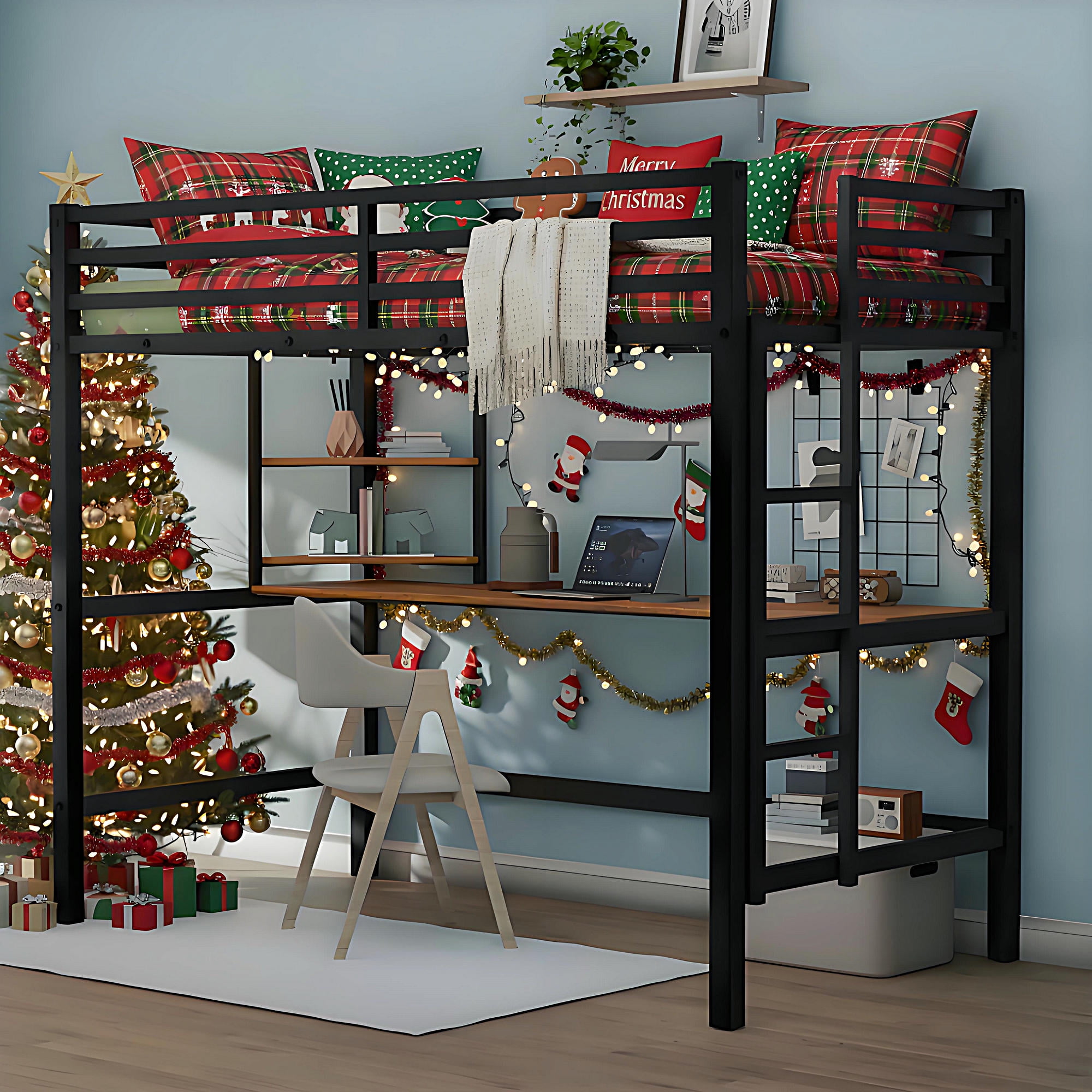 Kacho Twin Loft Bed with Desk and Shelves, Metal Loft Bed for Teens ...