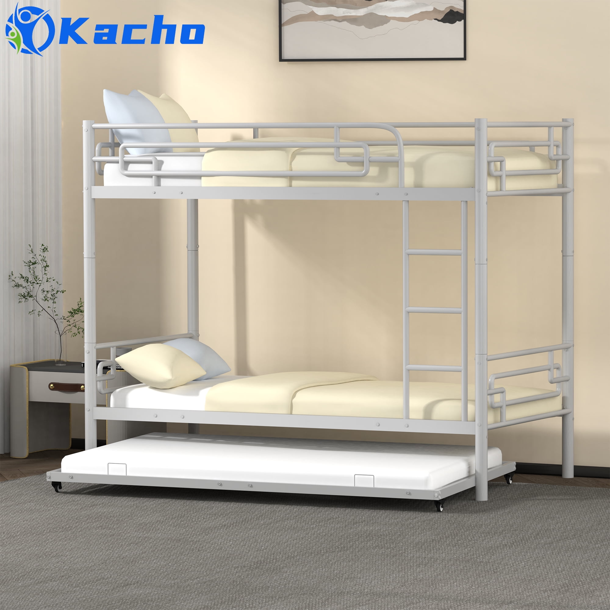 Kacho Twin Over Twin Bunk Bed with Trundle, Metal Bunk Bed Frame for ...