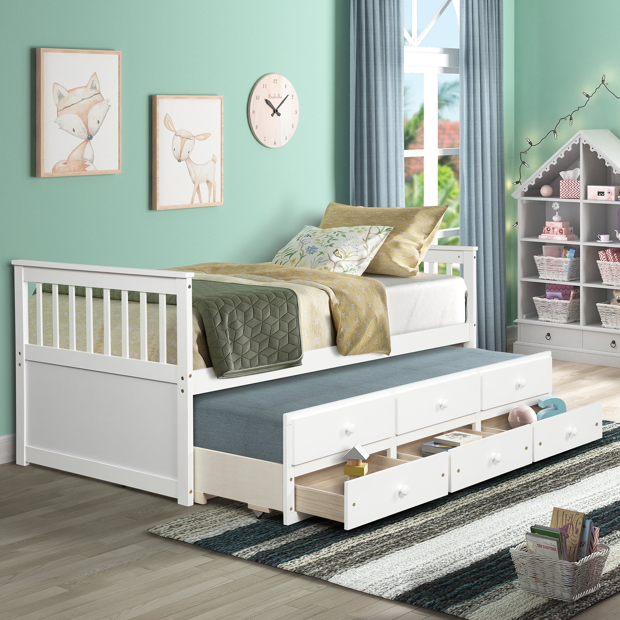 Kacho Twin Size Captains Bed with Trundle and Drawers, Solid Wood ...