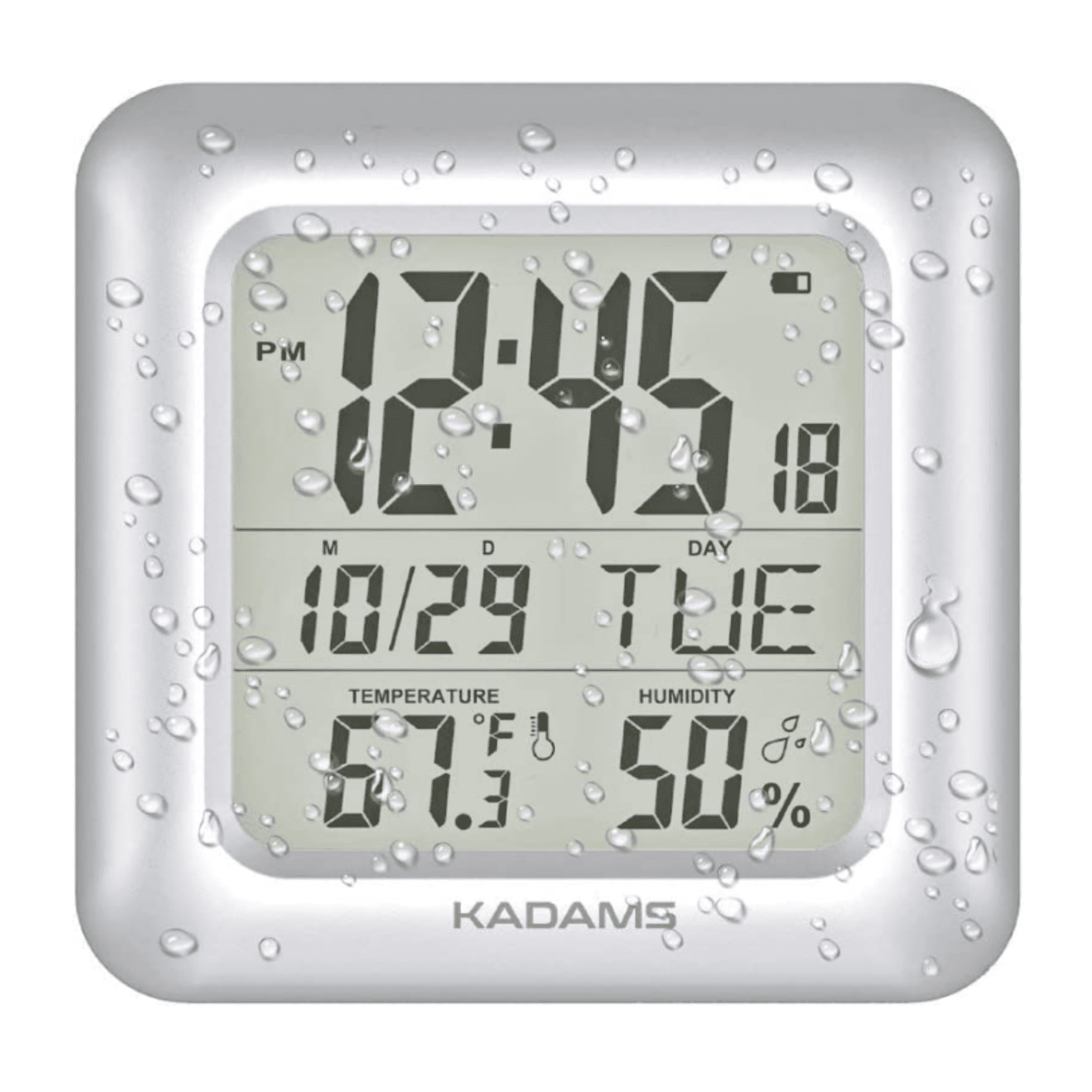 Kadams Large Silver Digital Bathroom Wall Clock Waterproof Lcd