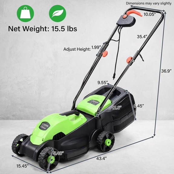 12-AMP 13.5 Inch Adjustable Electric Corded Lawn Mower with Collection ...