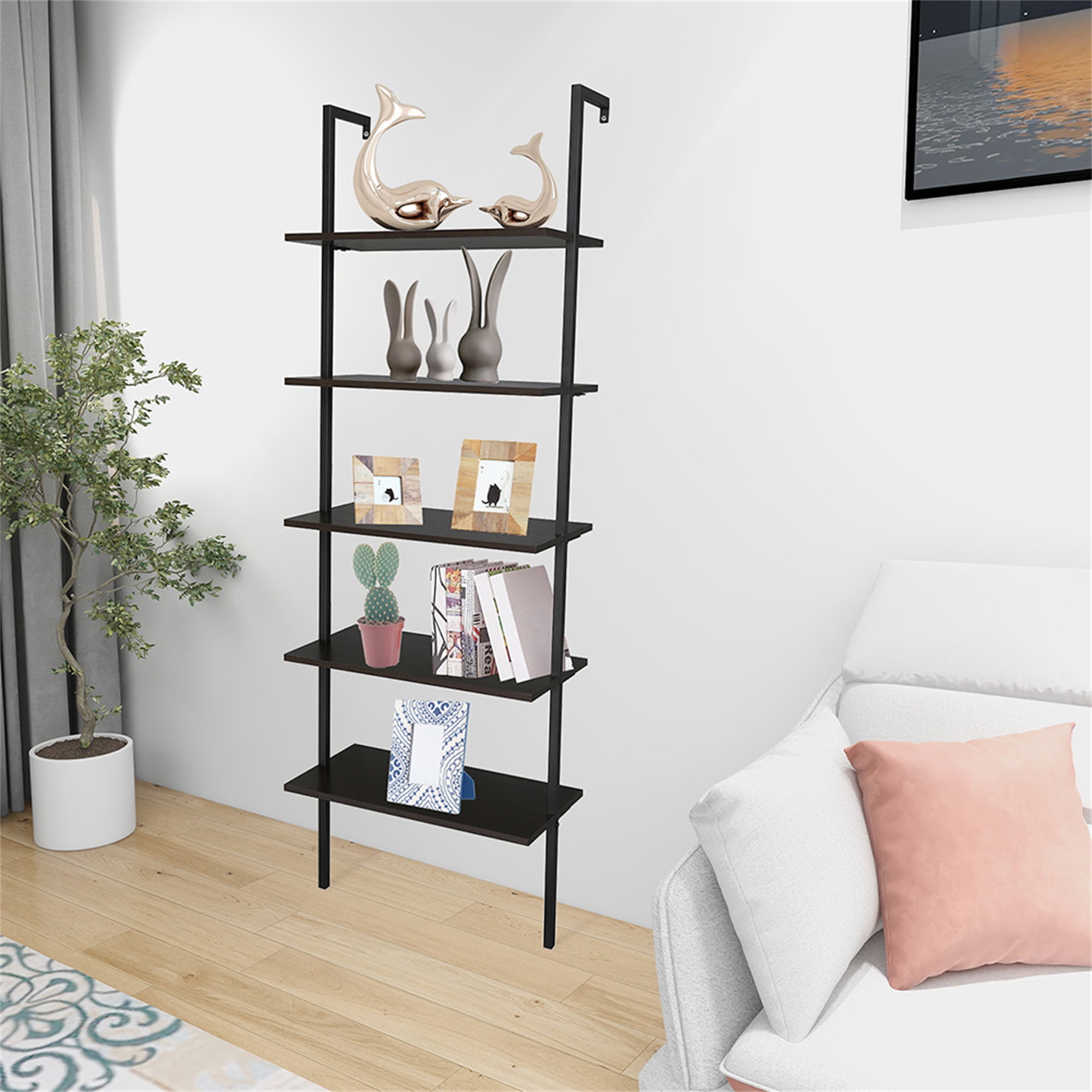 Kadyn 5-Shelf Wood Ladder Bookcase with Metal Frame, Industrial 5-Tier ...
