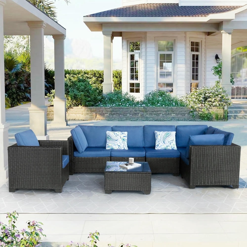 Kadyn 7 Piece Patio Seating Set, Wicker Patio Furniture Sets with Table ...