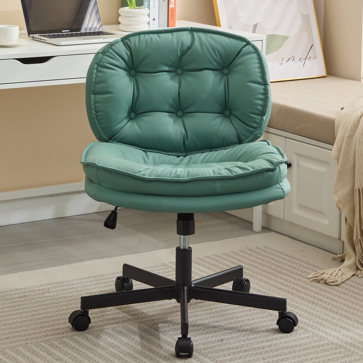 Kadyn Armless-Office Desk Chair with Wheels: PU Leather Cross Legged ...