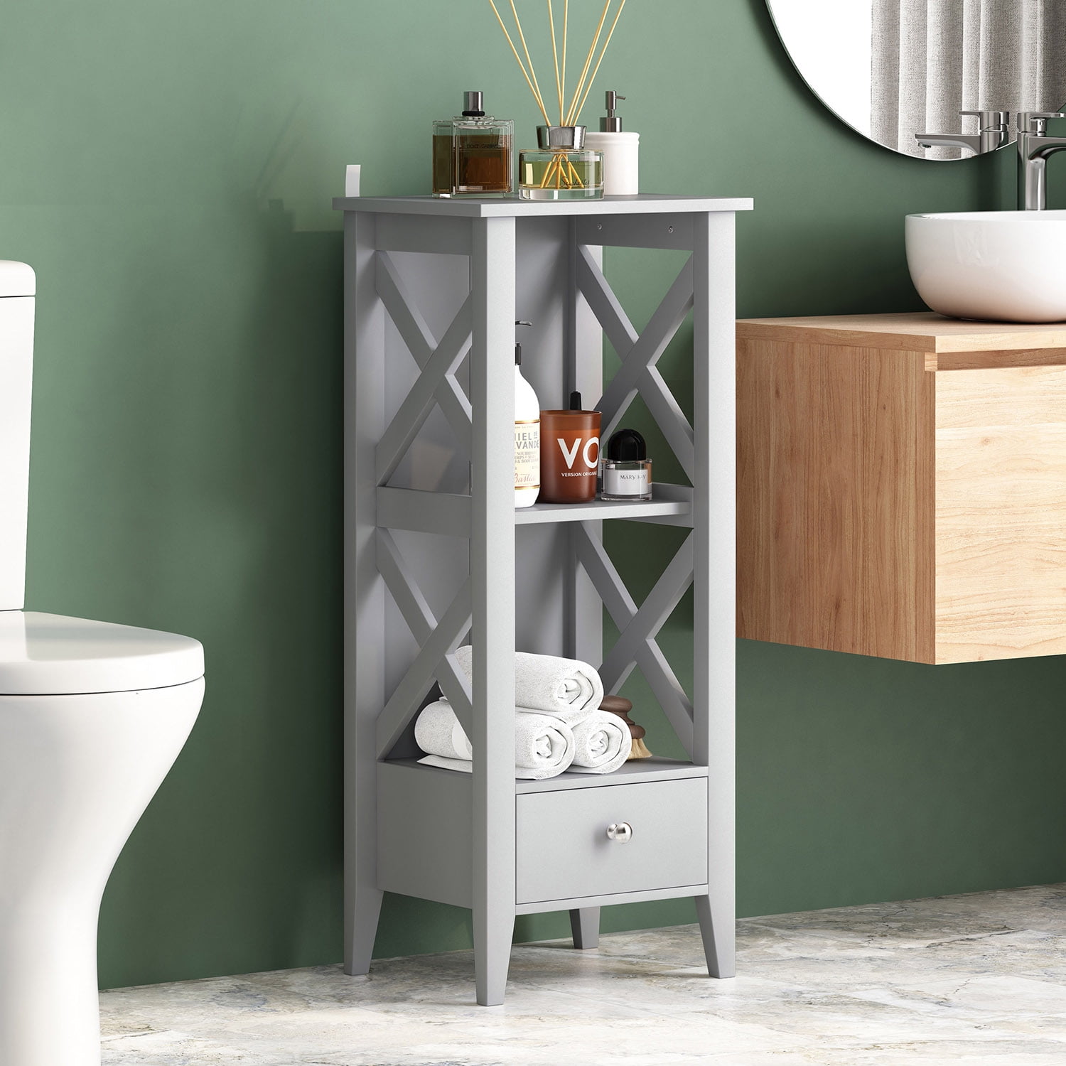 Kadyn Bathroom Floor Cabinet, Bathroom Organizer Rack Stand, Wooden ...