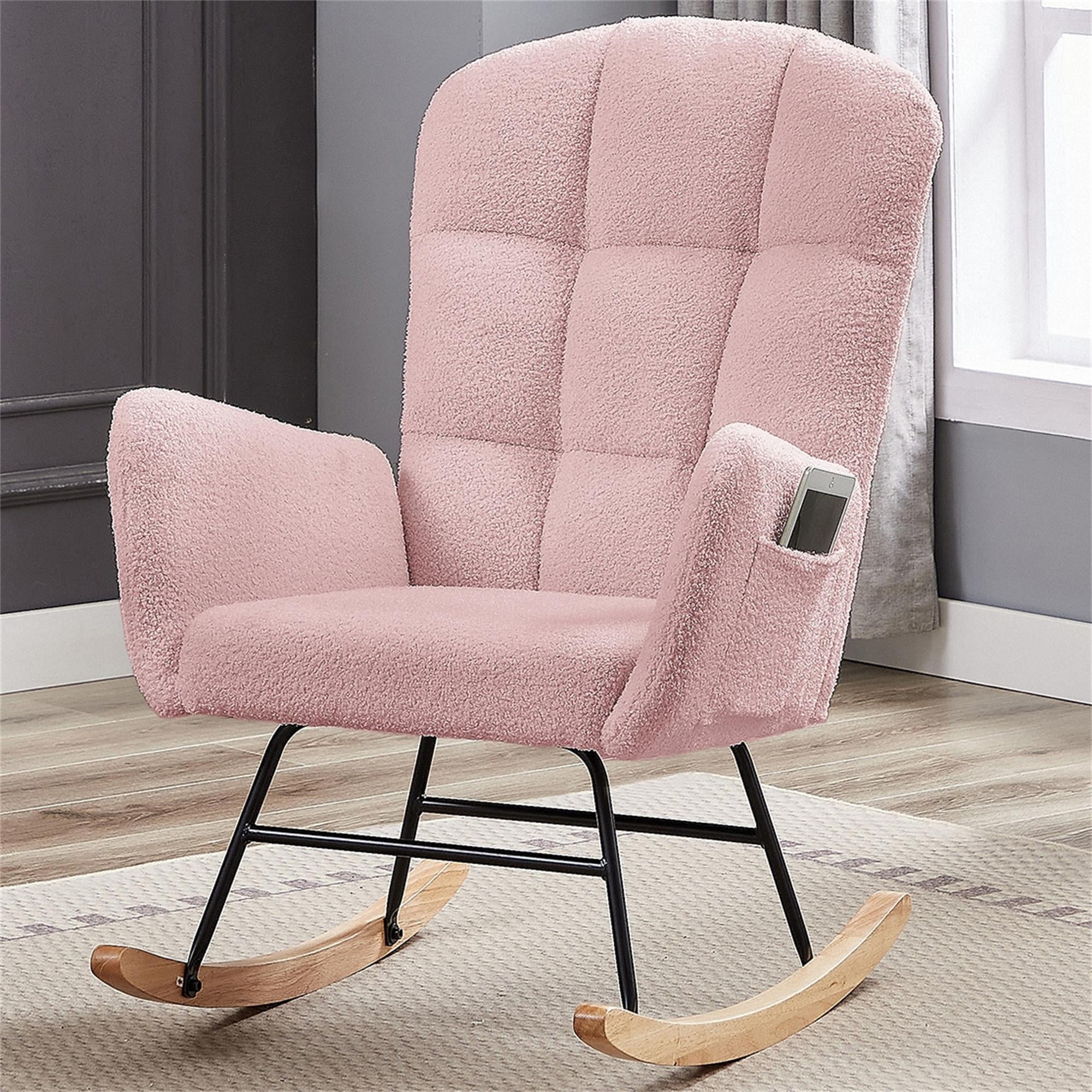 Kadyn Pink Teddy Fabric Rocking Chair, Rocking Chair Nursery for Living ...