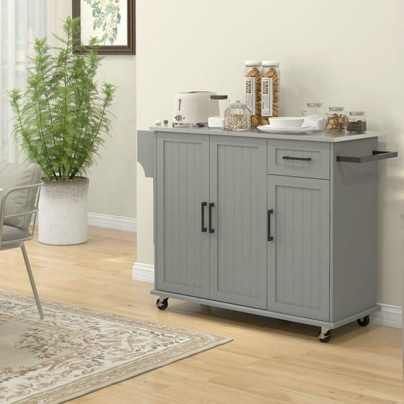 Kadyn Rolling Kitchen Islands Table with Drawer, 3 Cabinets and ...