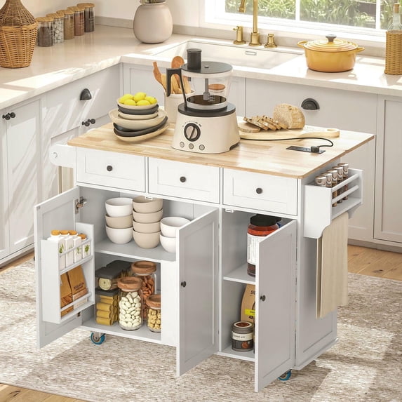 Kadyn Rolling Kitchen Islands Table with Drop Leaf and Charging Station ...