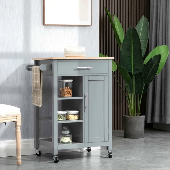 Kadyn Rolling Kitchen Islands Table with Storage Shelf, Solid Wood Top ...