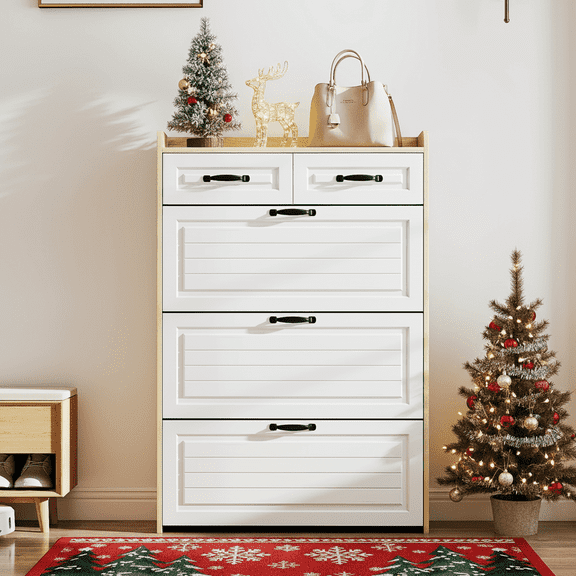 2 Drawer Shoe Storage Cabinet, Wooden Shoe Organizer with Ventilated ...