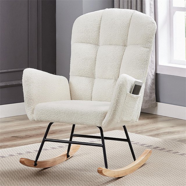 Kadyn White Teddy Fabric Rocking Chair, Rocking Chair Nursery for ...