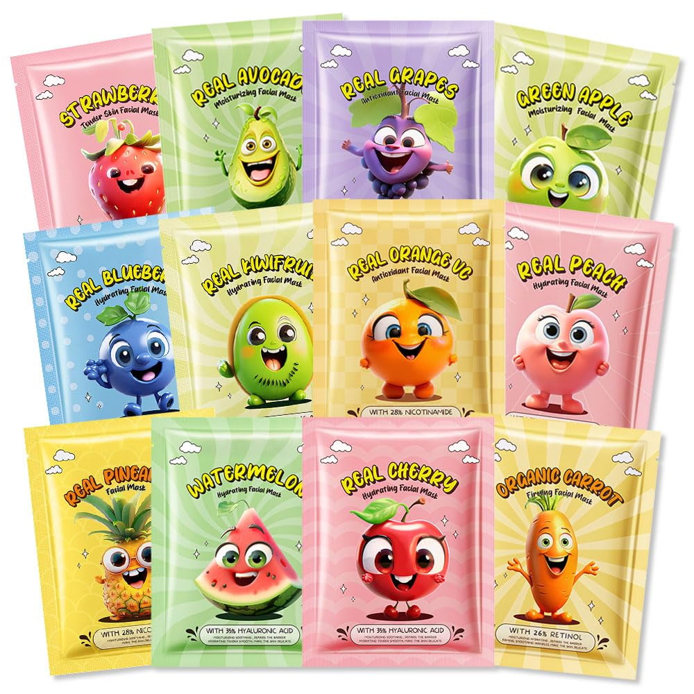 Kaely 12 Pack Fruit Face Masks for Kids, Kids Face Mask Spa Day kit ...