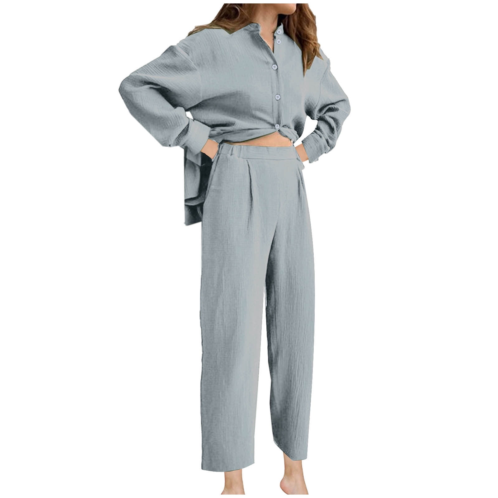 Kaemgyyd 2 Piece Sets for Women Cotton Linen Long Sleeve Button down ...