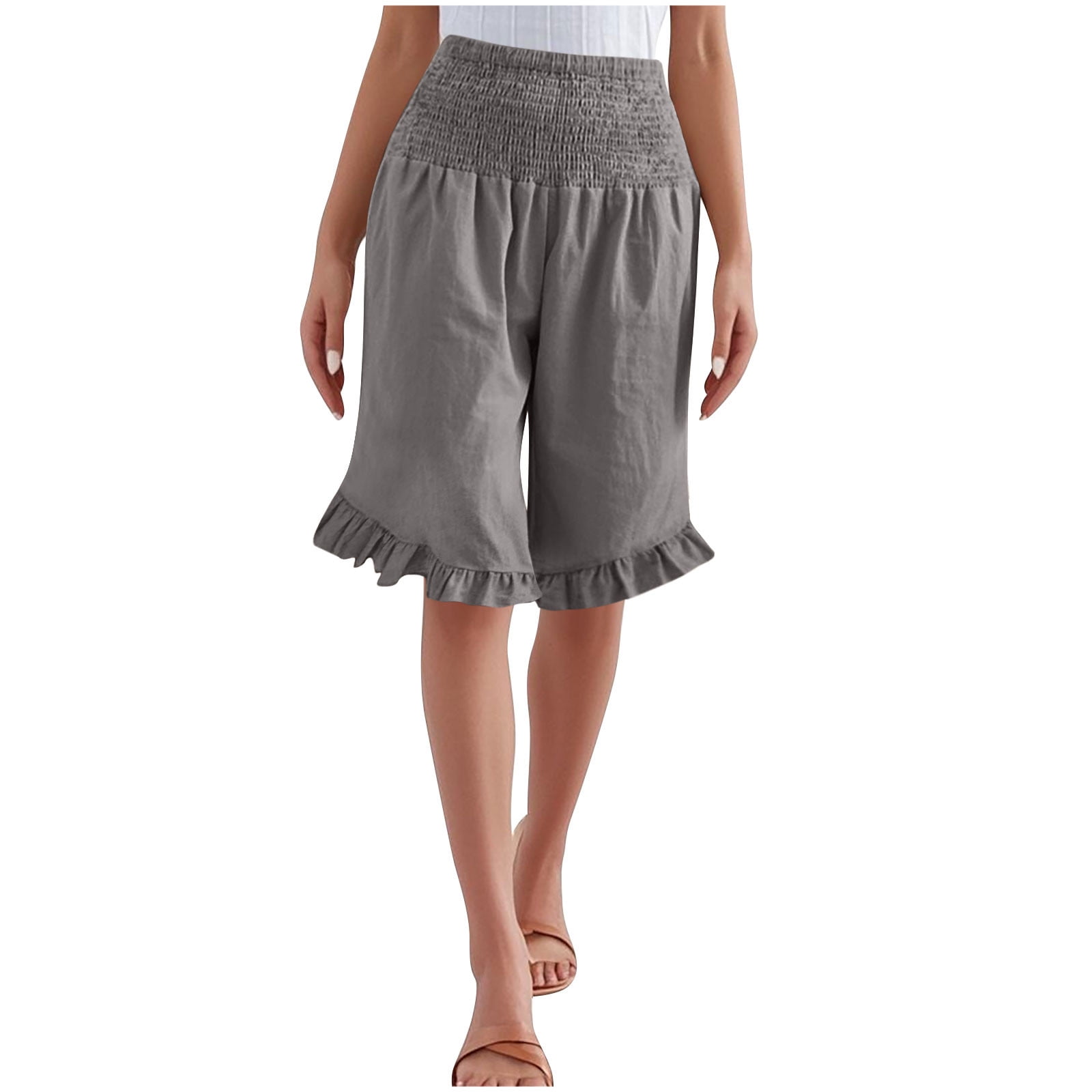 Kaemgyyd Bermuda Shorts for Women Cute Ruffle Hem Knee Length Wide Leg ...