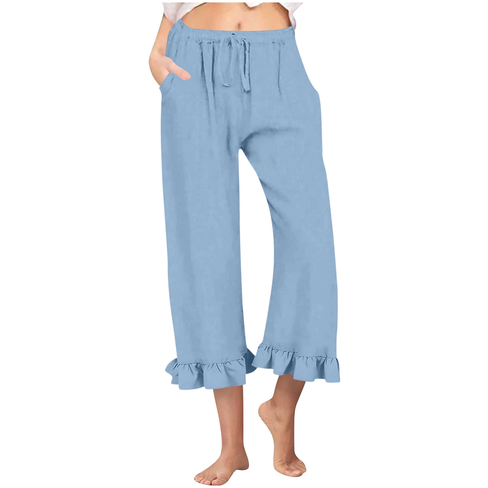 Kaemgyyd Capri Pants for Women Cute Ruffle Hem Cotton Linen Pants Beach ...