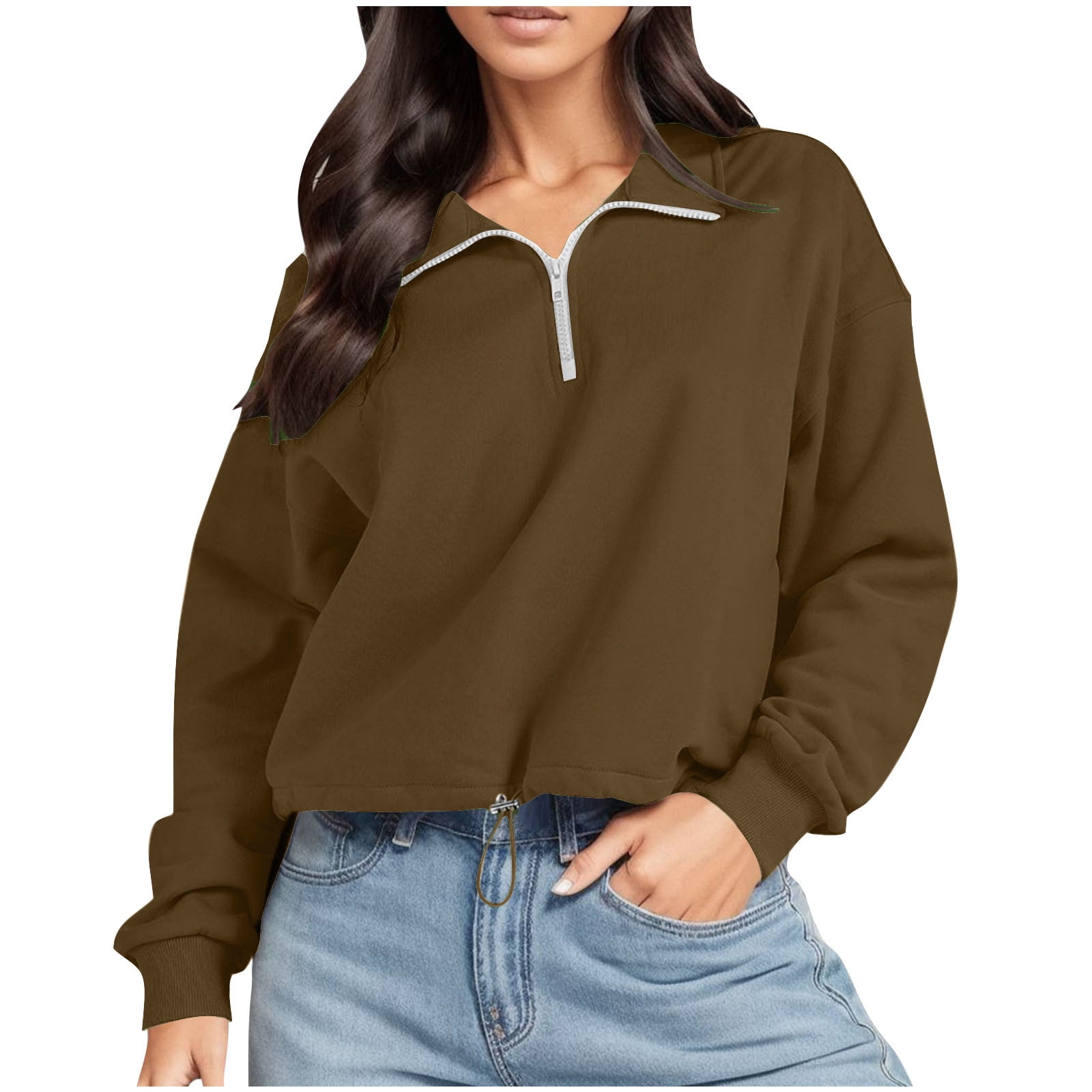 Kaemgyyd Cropped Sweatshirt for Women Loose Fit Quarter Zipper Long ...