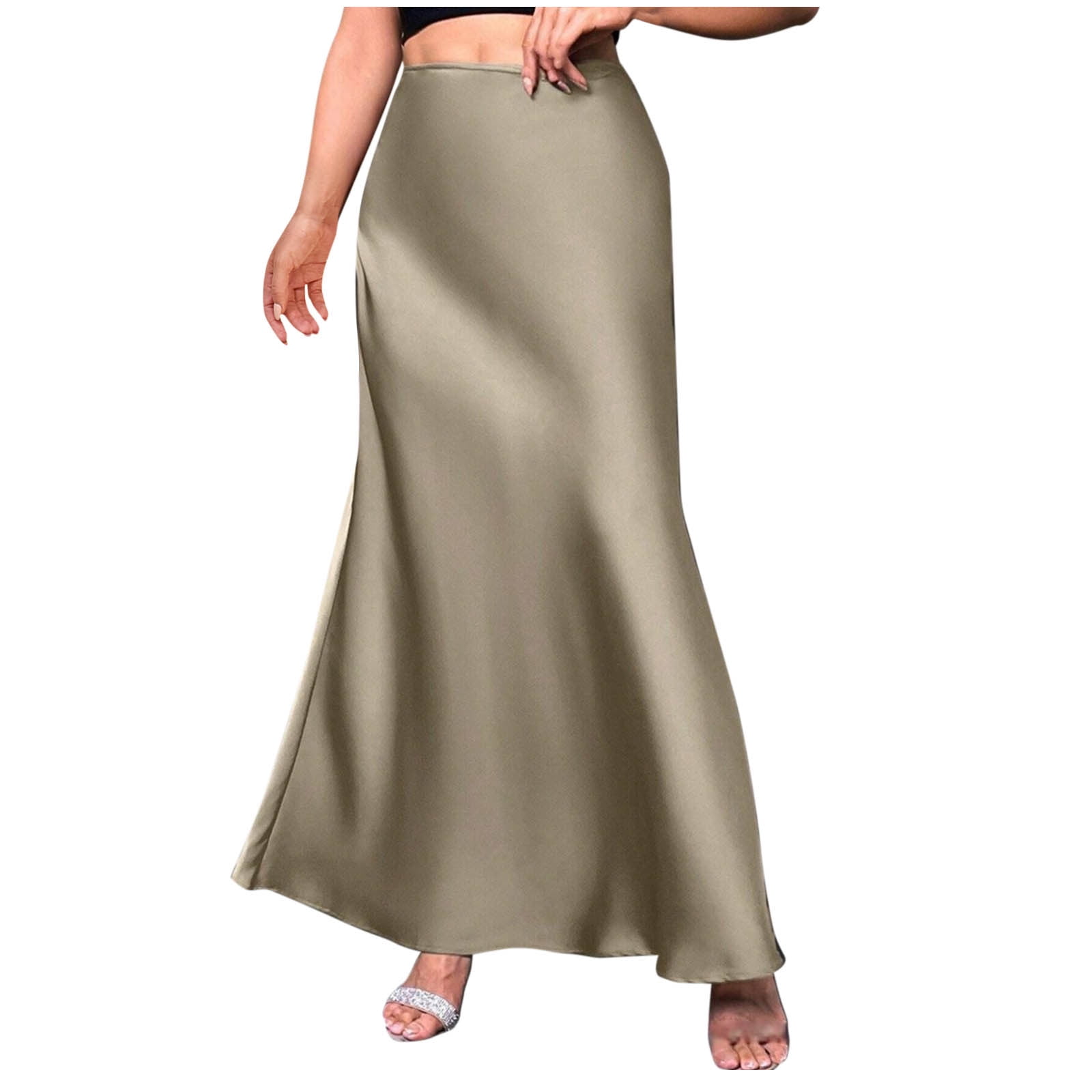 Kaemgyyd Maxi Skirt for Women Satin Silk Trendy High Waisted A-Line ...