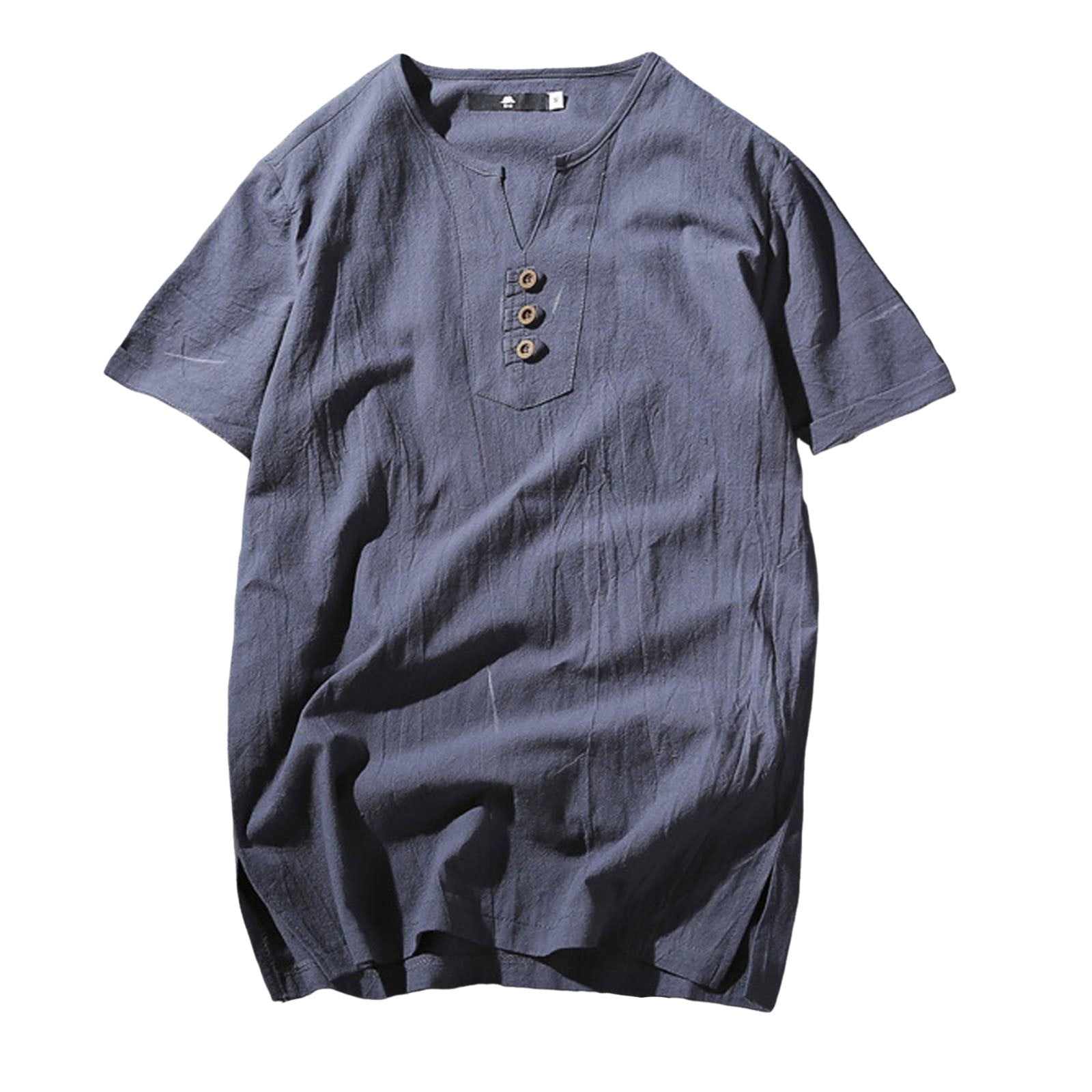 Kaemgyyd Mens Cotton Linen Henley Shirts Casual Short Sleeve Summer ...