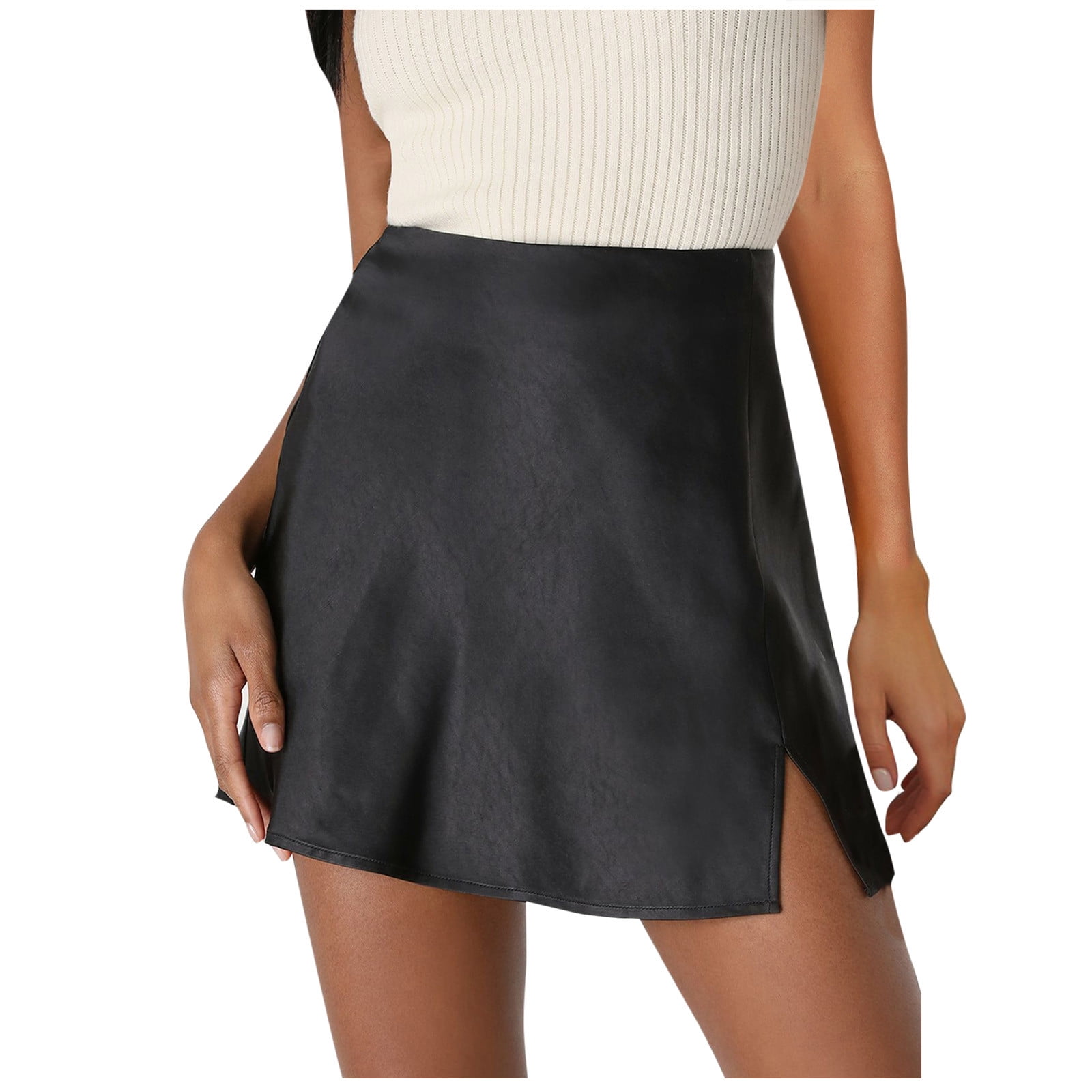 Kaemgyyd Mini Skirts for Women Satin Silk High Waisted Split Slit Hem A ...