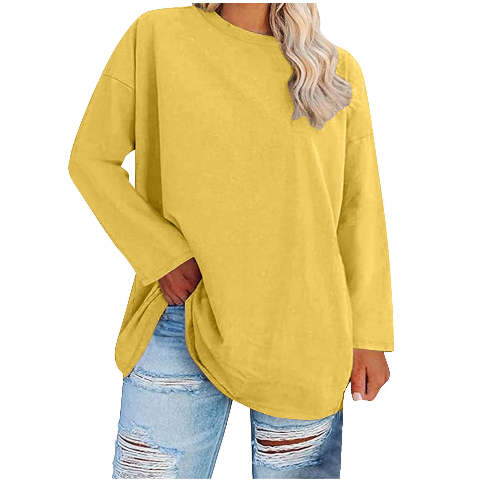 Kaemgyyd Plus Size Tops for Women Casual Solid Color Long Sleeve Shirts ...