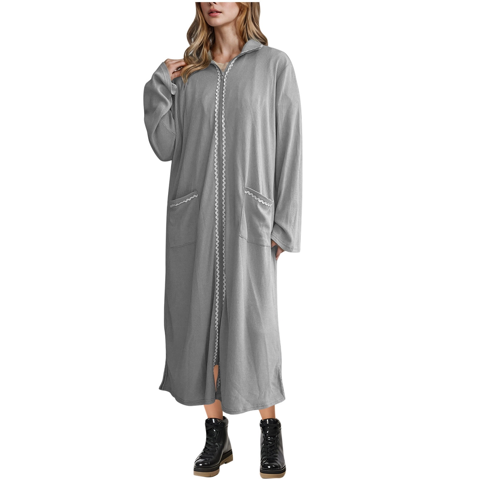 Kaemgyyd Robe for Women Fall Winter Warm Zipper Bathrobe Ribbed Long ...