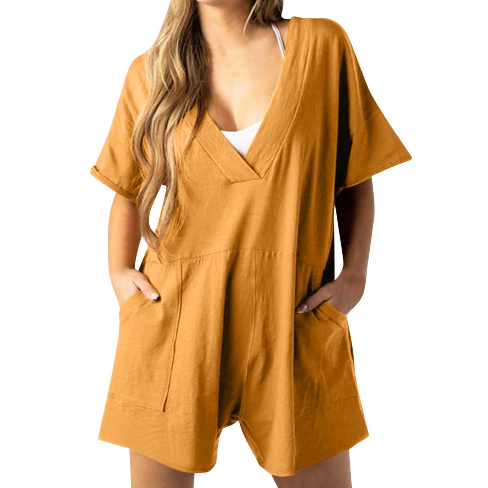 Kaemgyyd Rompers for Women Oversized V Neck Short Sleeve Wide Leg ...