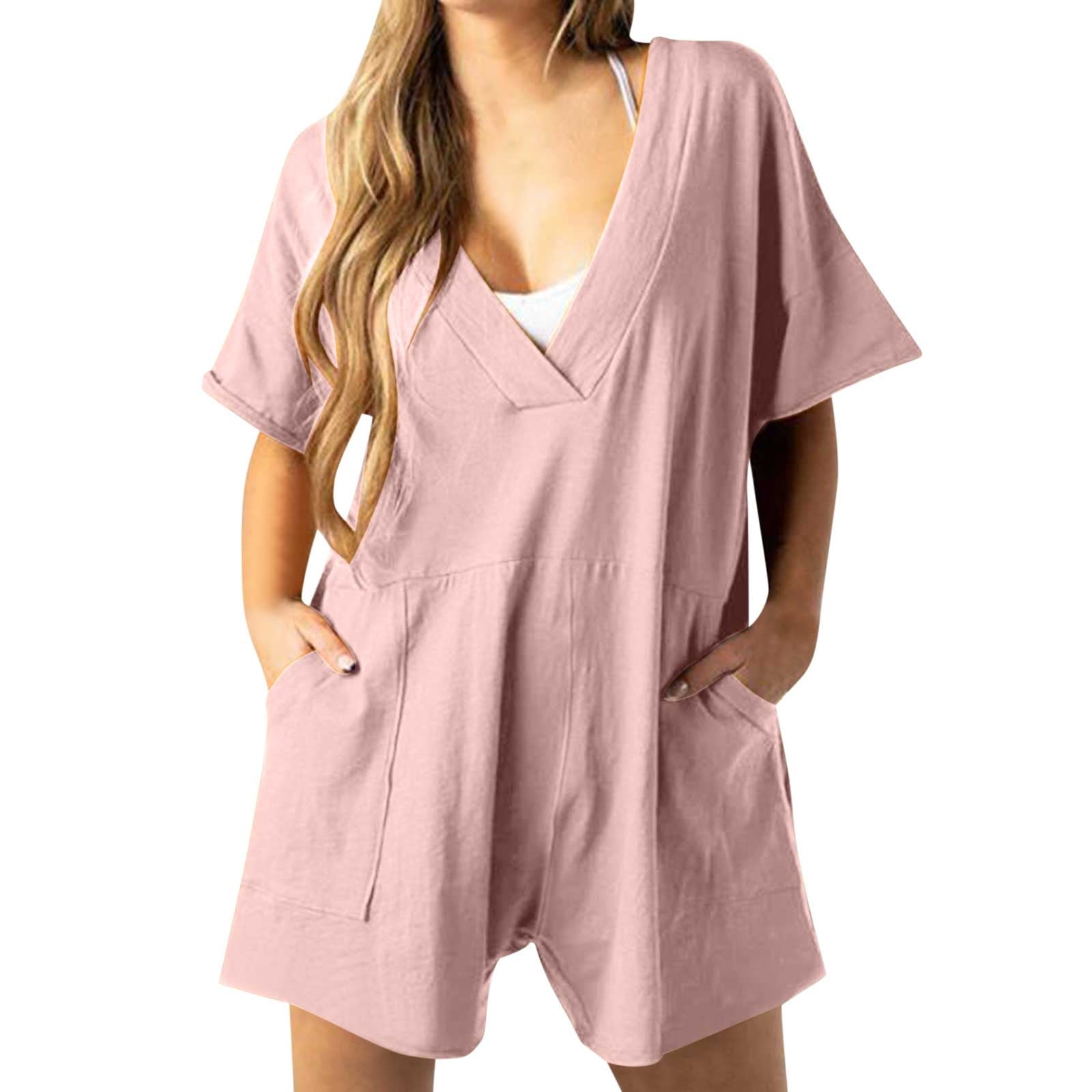 Kaemgyyd Rompers for Women Oversized V Neck Short Sleeve Wide Leg ...