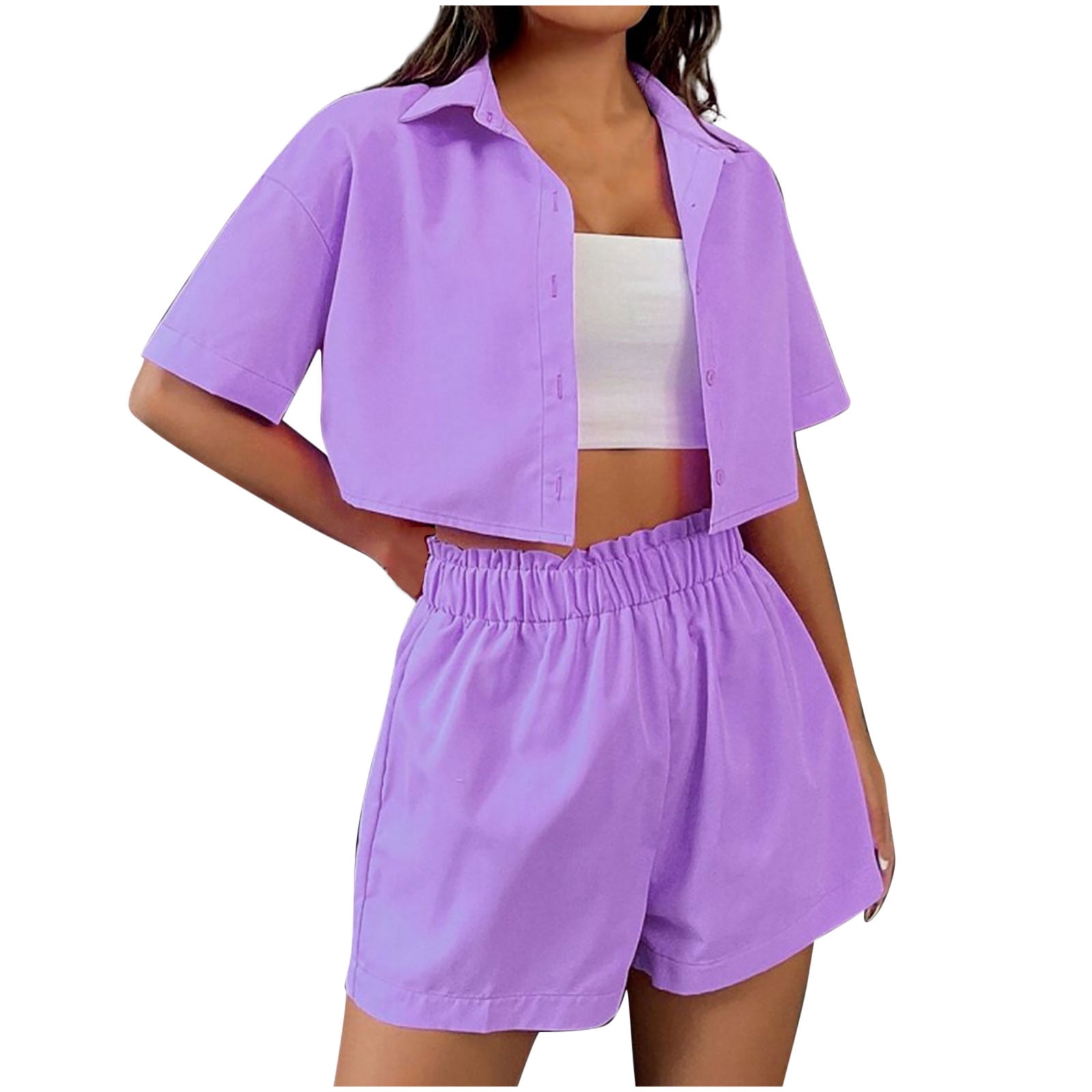 Kaemgyyd Women's Cotton Shorts Sets 2 Piece Outfit Button down Cropped ...