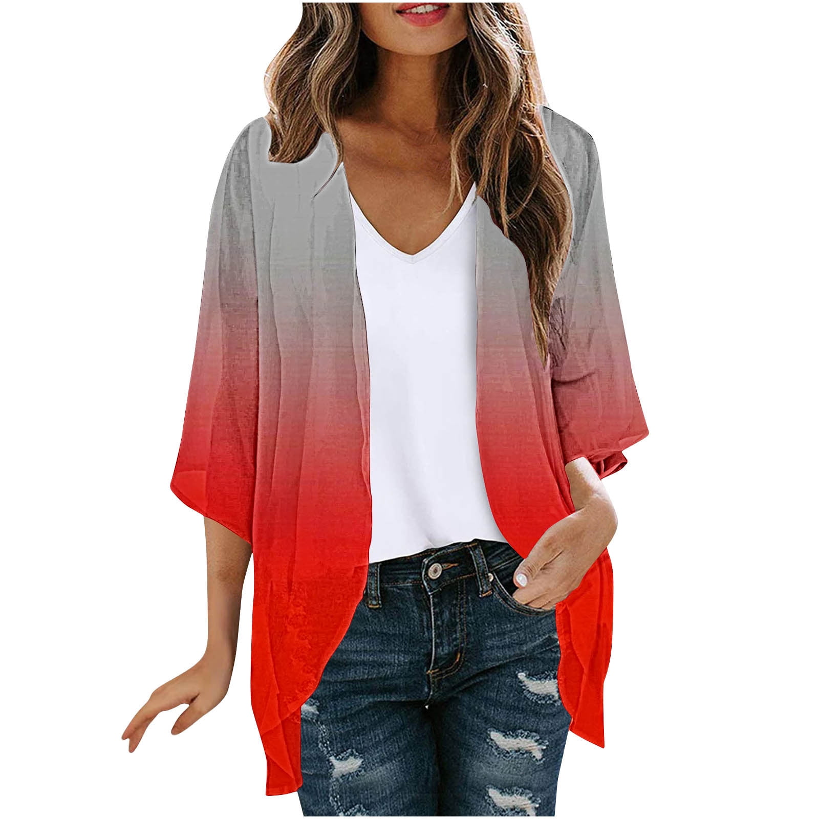 Kaemgyyd Women's Gradient Cardigans Cusual Open Front 3/4 Sleeve Beach ...