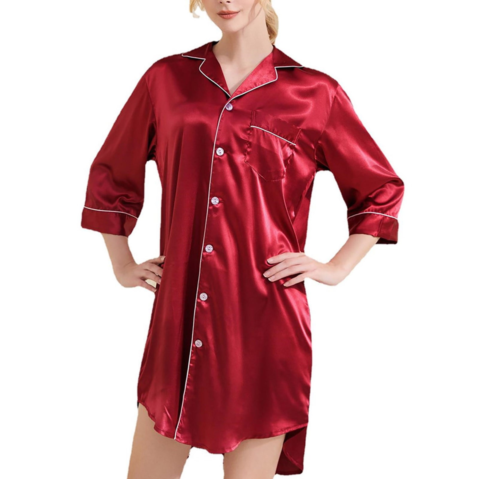 Kaemgyyd Women's Satin Nightshirt Button down Sleepshirt Silk Half ...