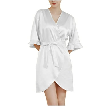 Women's Silk Robe Short Satin Kimono Robes Ruffle Hem Half Sleeve Sexy ...