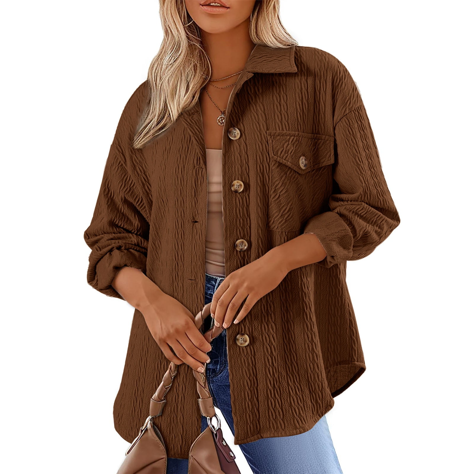 Kaemgyyd Women's Shacket Jackets Casual Long Sleeve Button down Coat ...