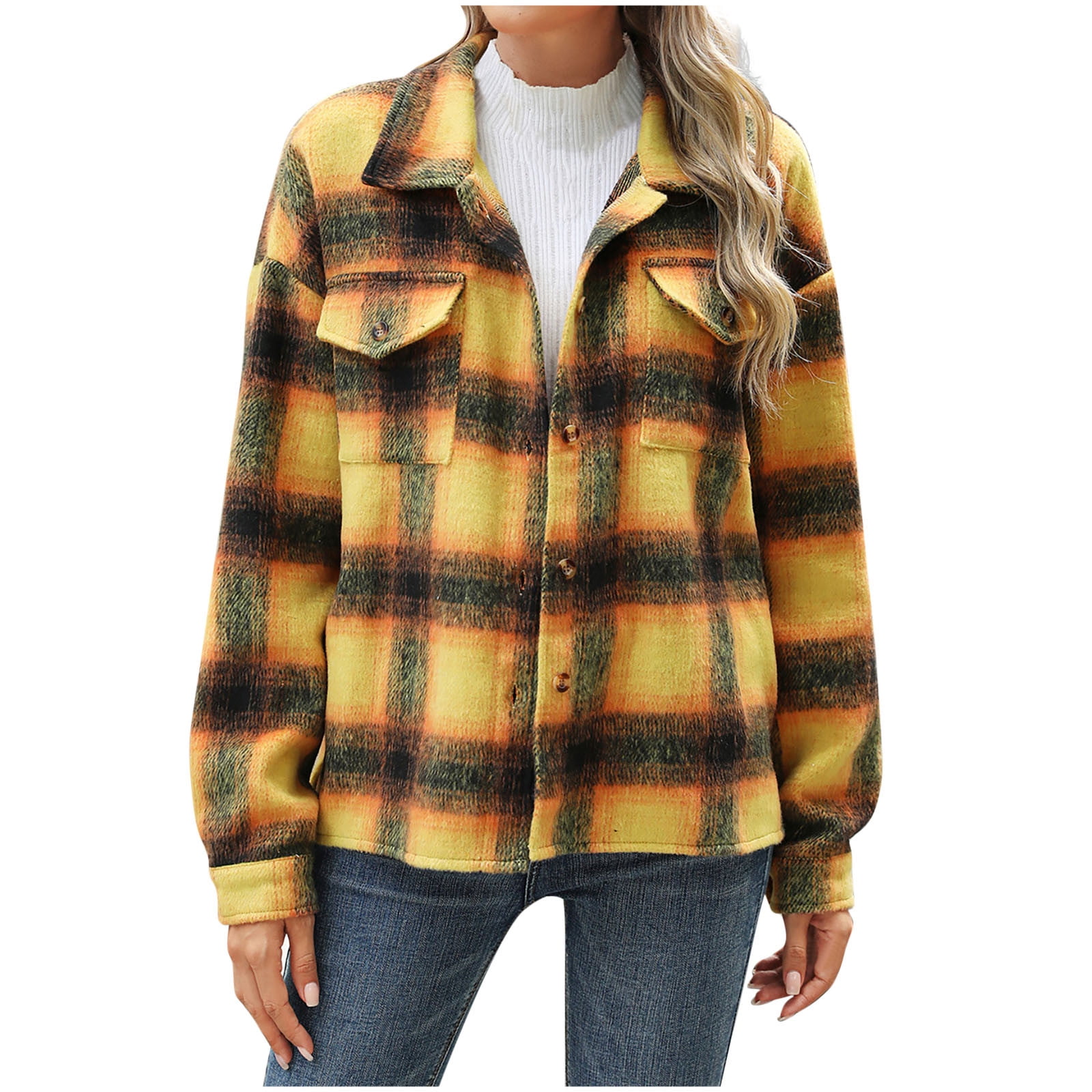 Kaemgyyd Womens Casual Wool Blend Coat Casual Loose Plaid Shackets ...