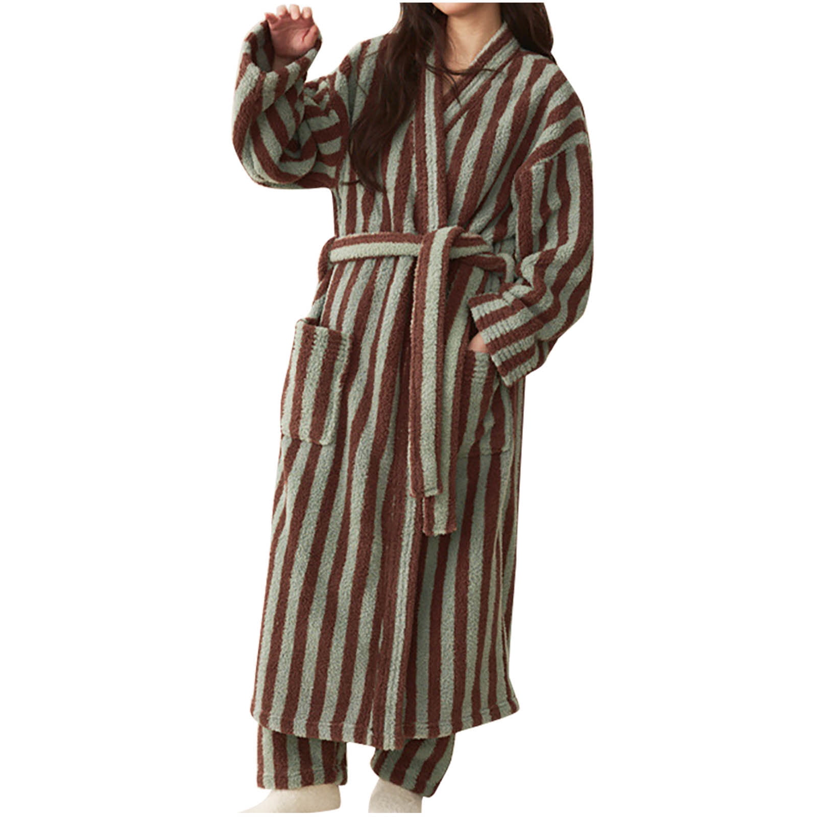 Kaemgyyd Womens Plush Fleece Robe Cozy Winter Warm Stripe Bathrobe ...