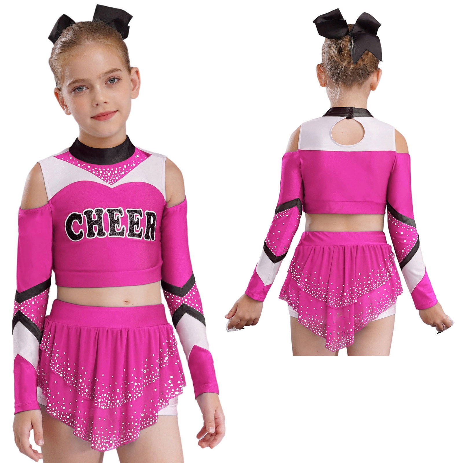 Kaerm Girls Cheerleading Uniform Long Sleeve Crop Tops+Sequin Tulle ...