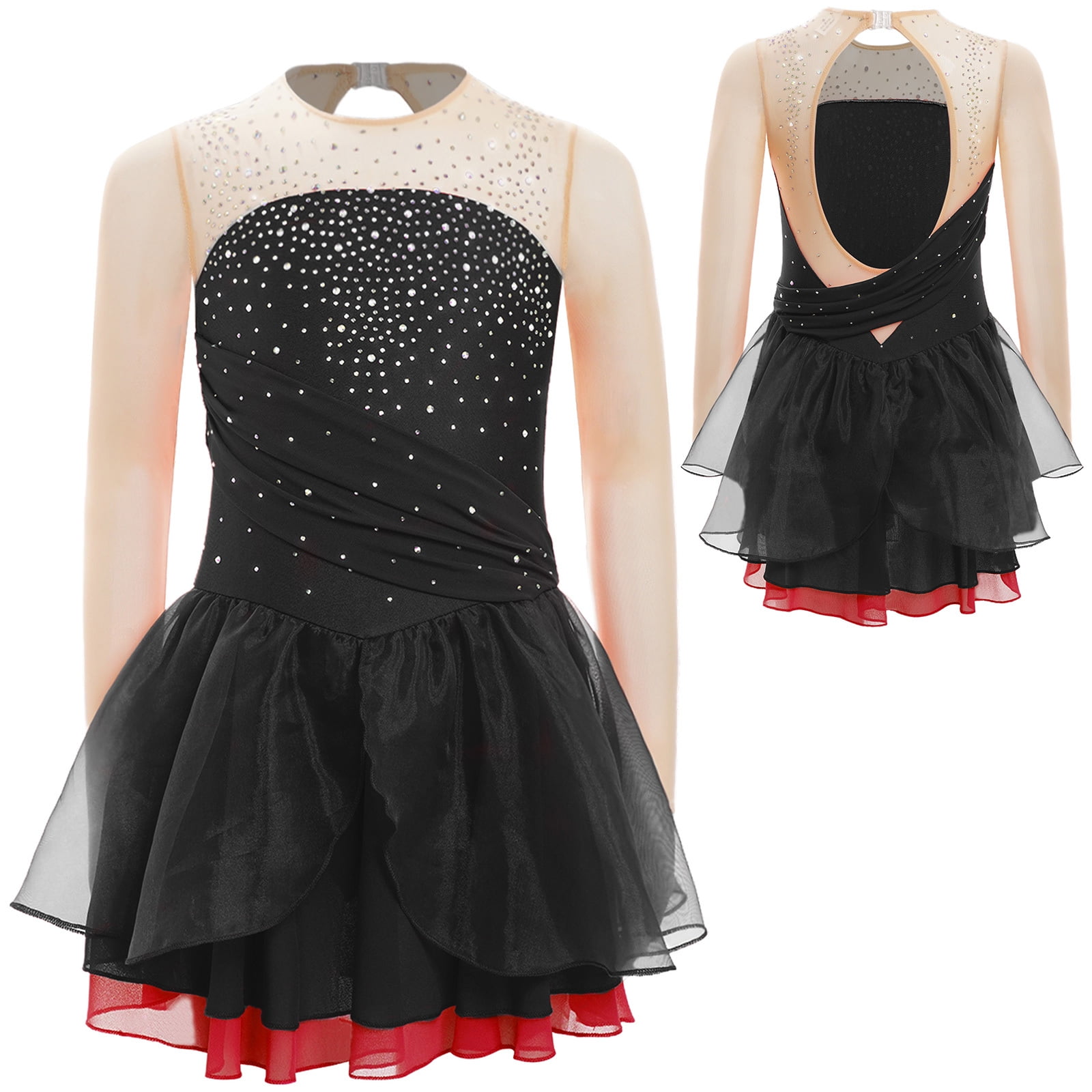 Kaerm Girls Long Sleeve Ice Skating Dress Kids Shiny Figure Skating ...