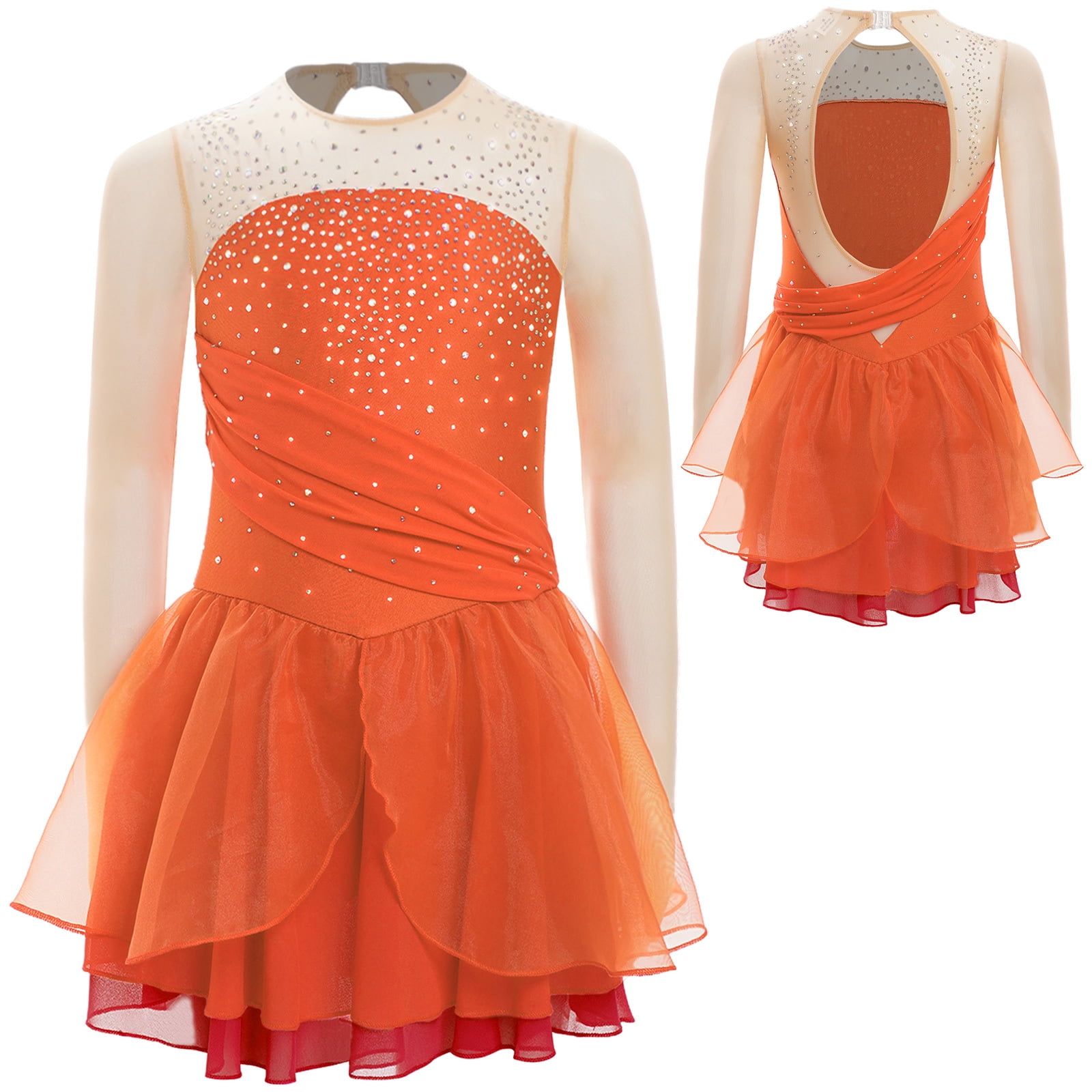 Kaerm Girls Long Sleeve Ice Skating Dress Kids Shiny Figure Skating ...
