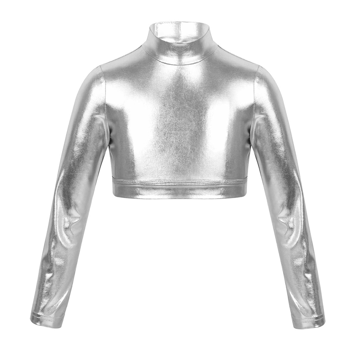 Kaerm Girls Metallic Shirts Shiny Long Sleeves Mock Neck Crop Top for ...