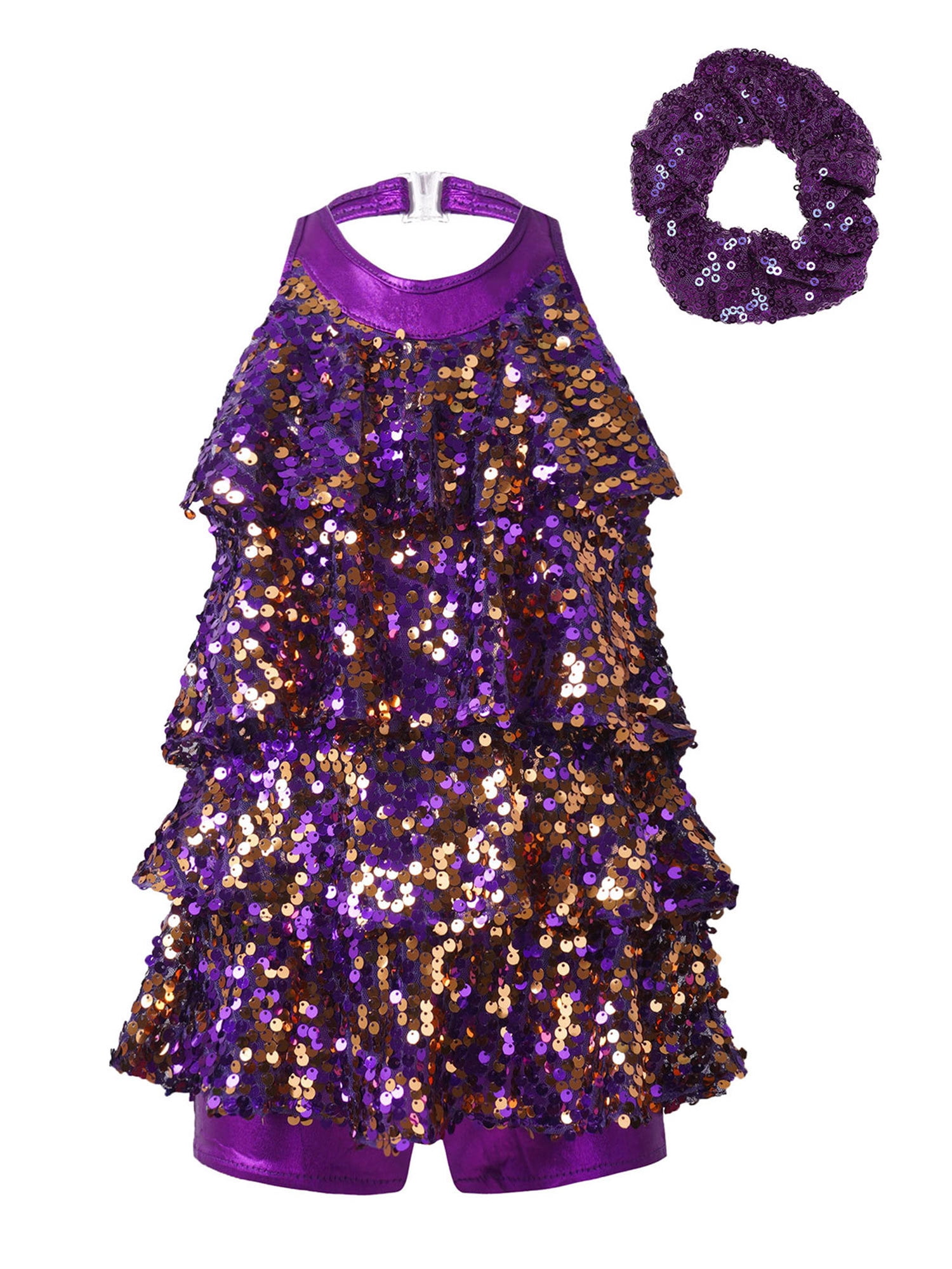 Kaerm Girls Sequin Tassel Dance Sleeveless Skirt Leotard with Hair Tie ...