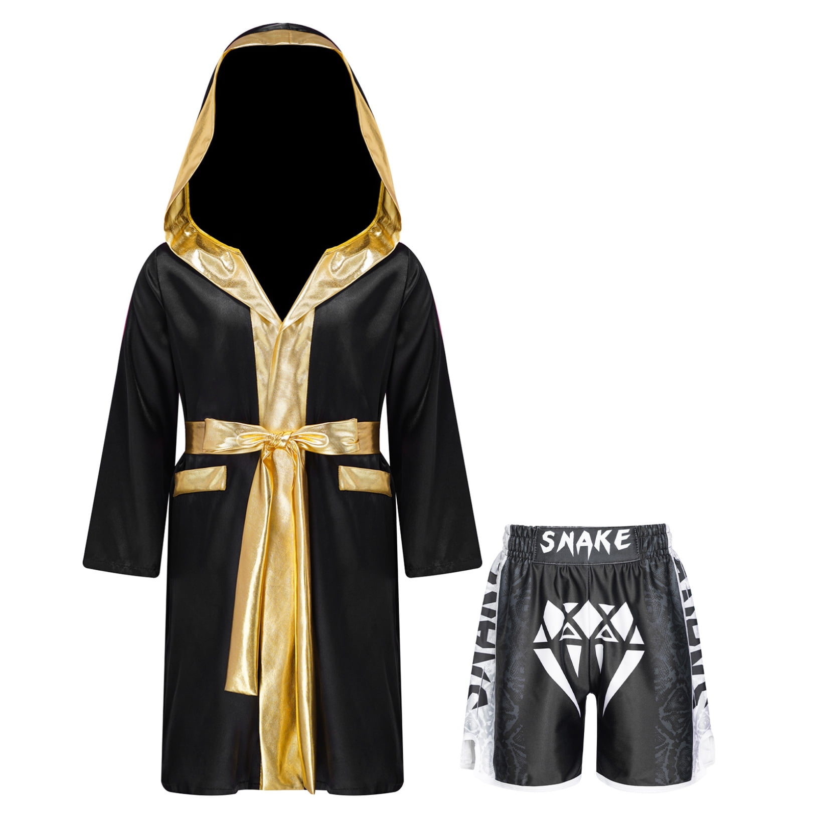 Kaerm Kids Boys Boxing Outfit Satin Long Sleeve Boxer Robe Hooded Grown ...