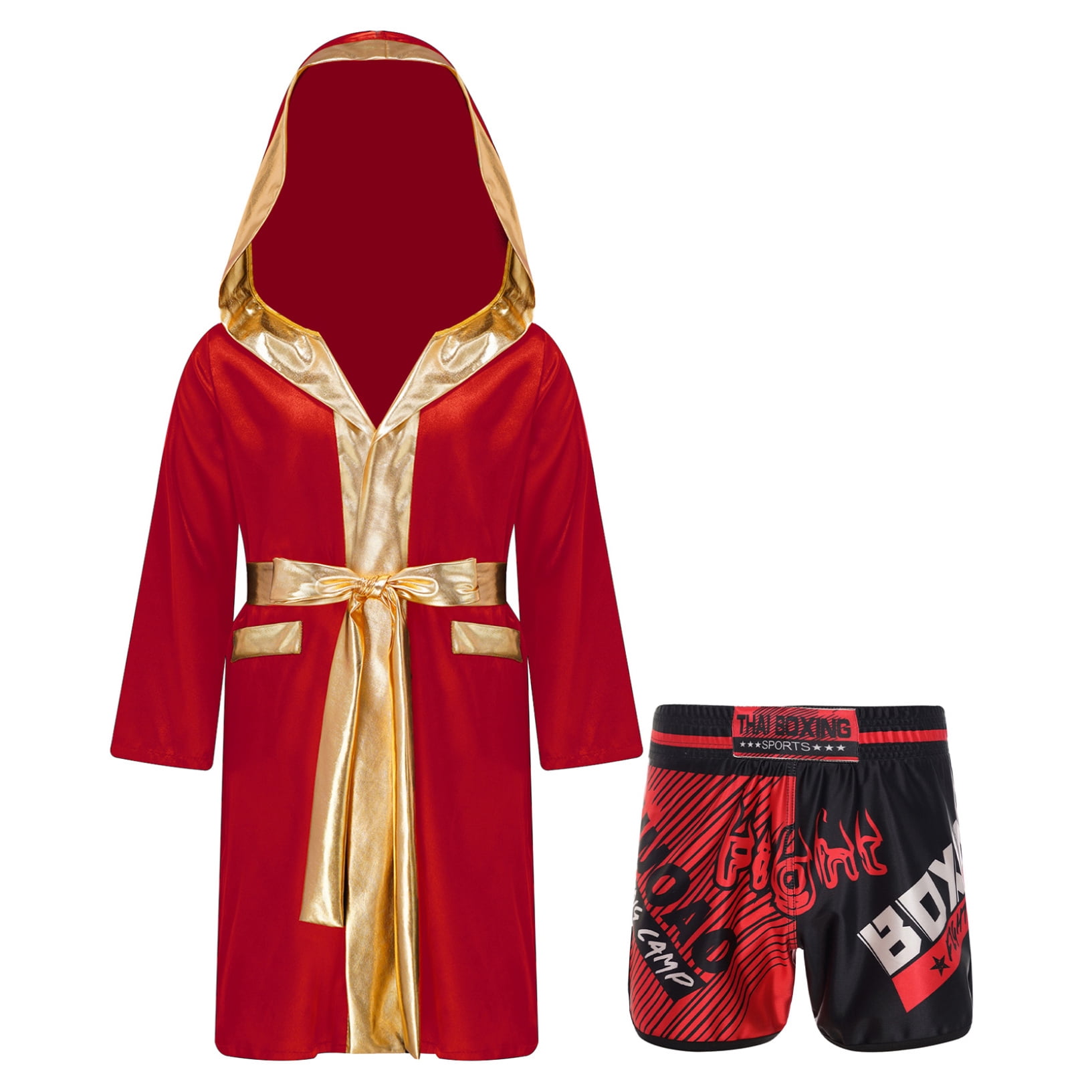 Kaerm Kids Boys Boxing Outfit Satin Long Sleeve Boxer Robe Hooded Grown ...