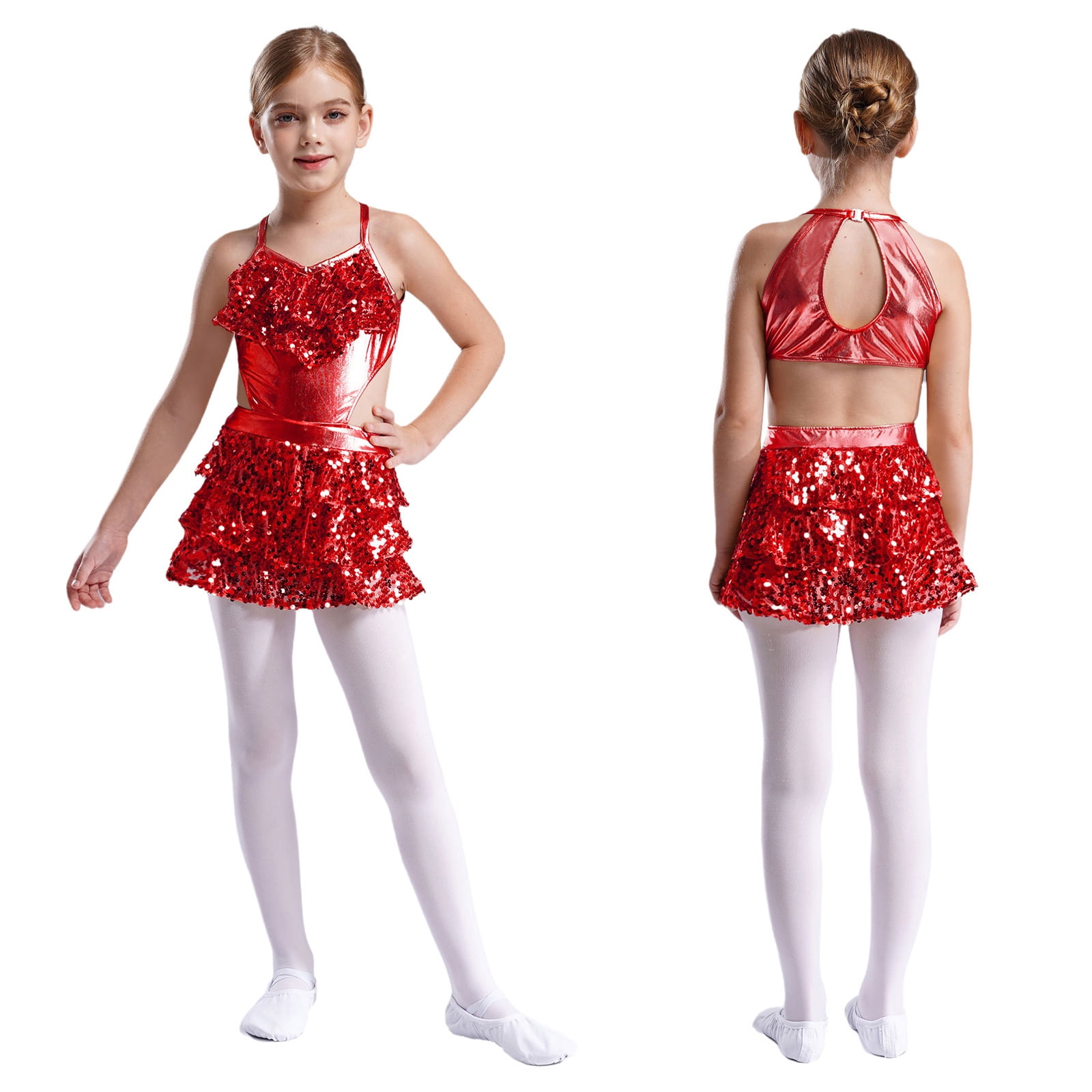 Kaerm Kids Girls Sequins Tiered Ruffle Latin Ballet Salsa Ballroom ...