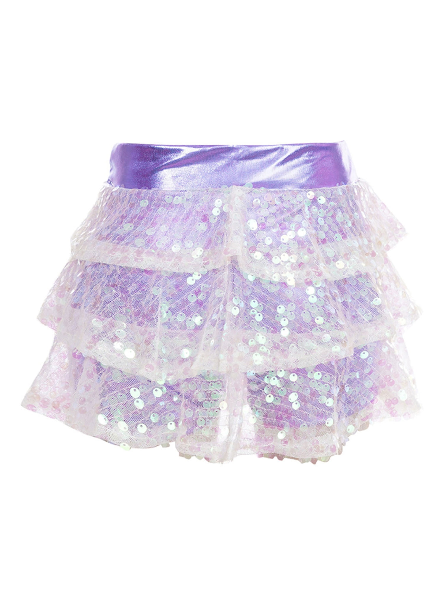 Kaerm Kids Girls Shiny Metallic Layers Ruffle Sequin Mini Skirt Dance ...