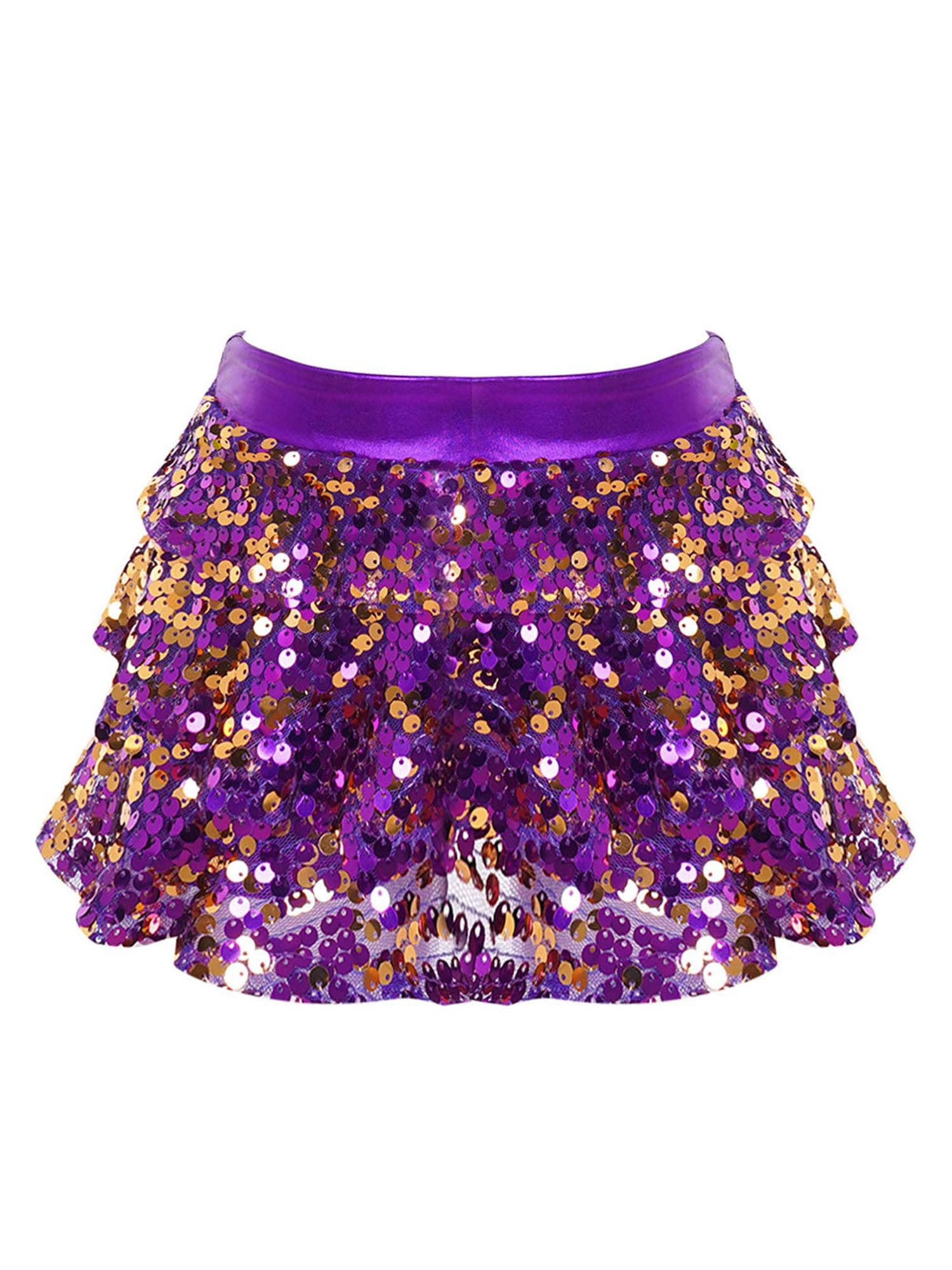 Kaerm Kids Girls Shiny Metallic Layers Ruffle Sequin Mini Skirt Dance ...