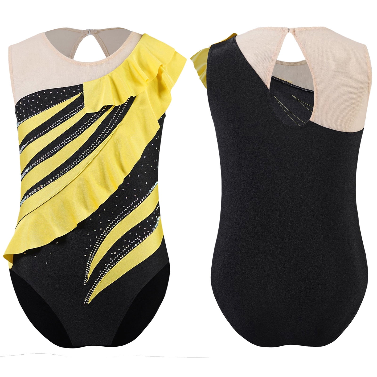 Kaerm Kids Shiny Rhinestone Sleeveless Ruffle Gymnastics Tank Leotard ...