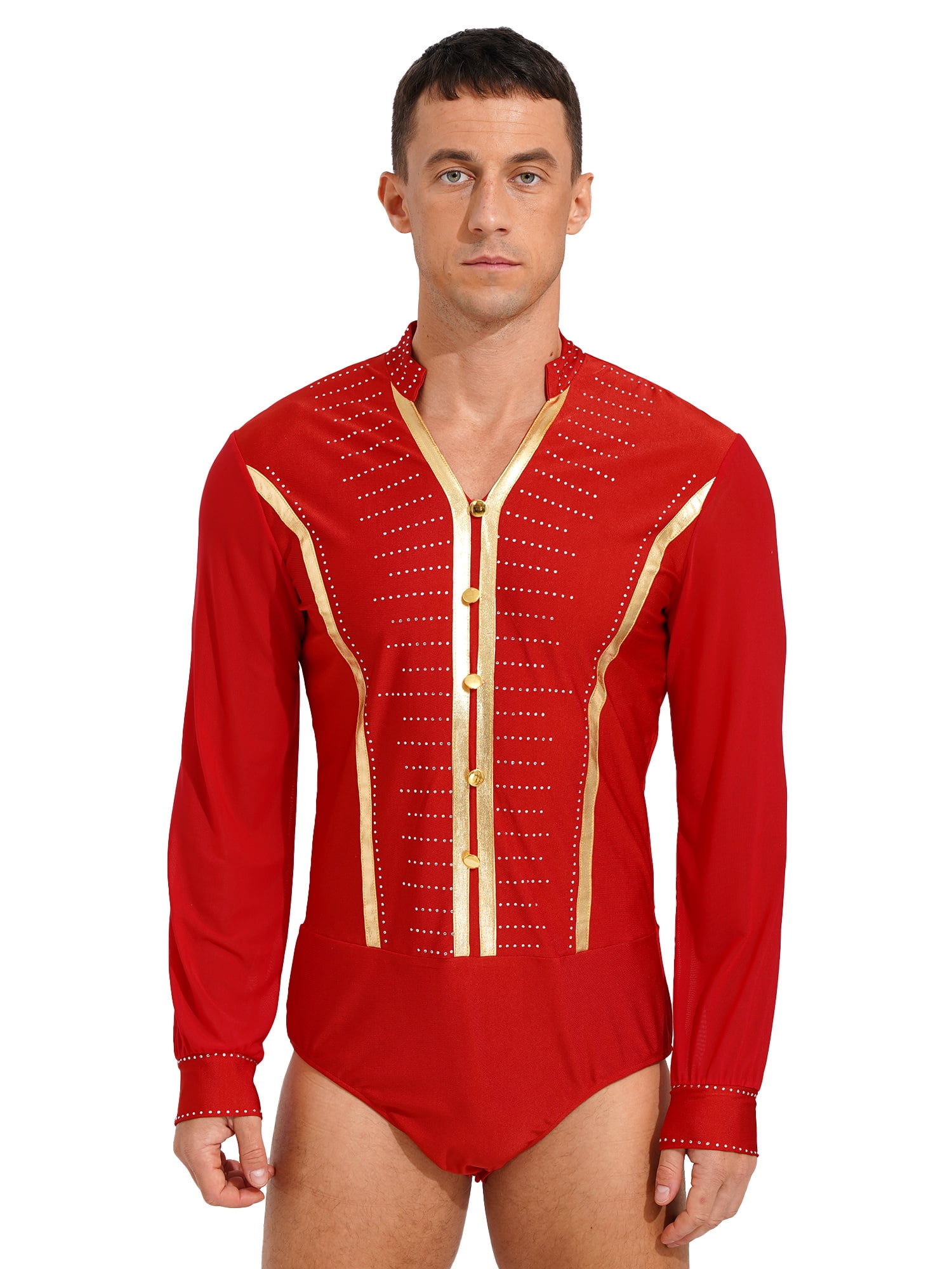 Kaerm Men Rhinestones Dance Leotard Ballroom Latin Samba Bodysuit Sheer ...